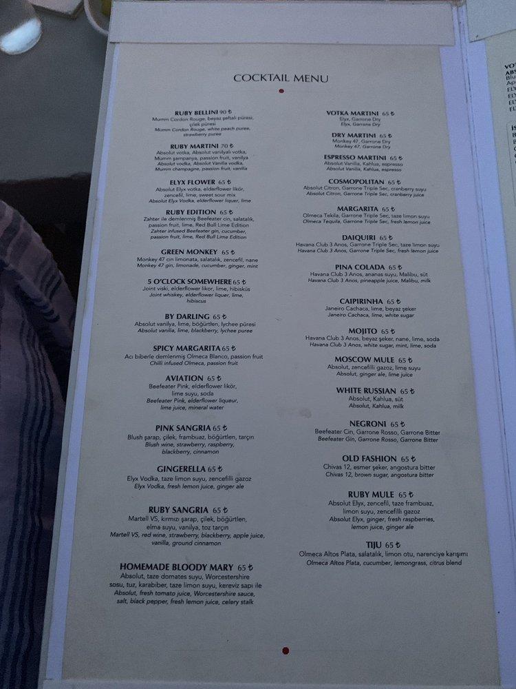 Menu at RUBY, Istanbul, Ortaköy Salhanesi Sk. No:5
