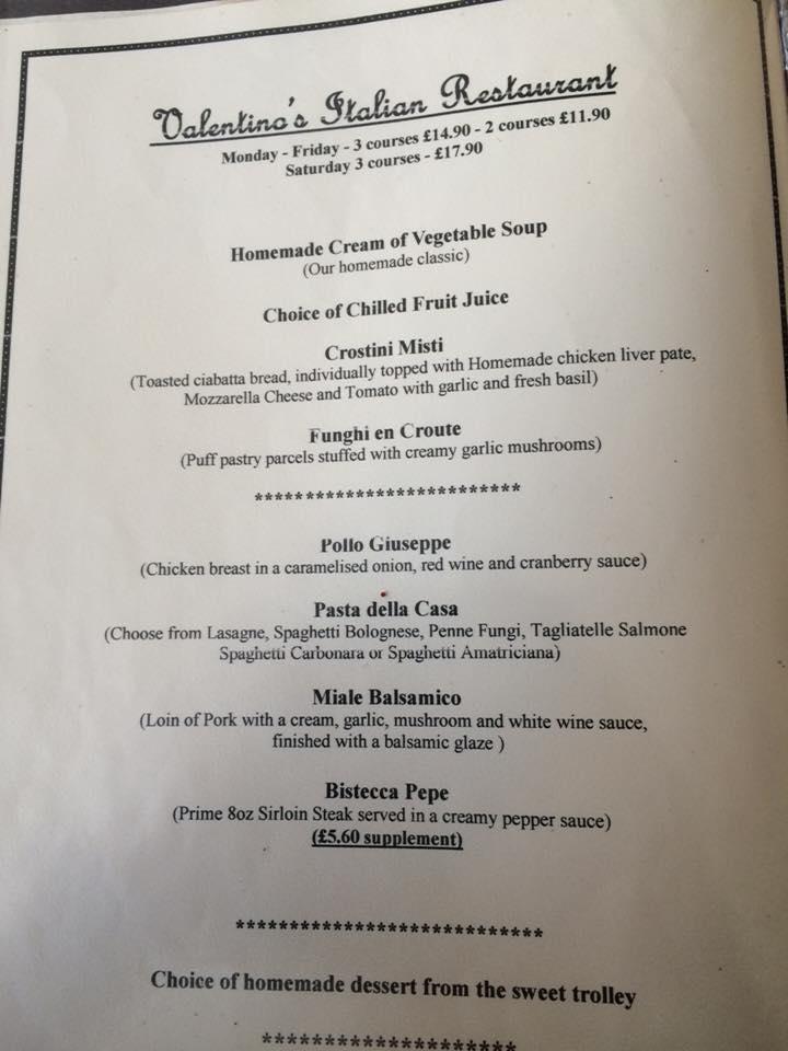 Menu at Valentino's restaurant, Newport