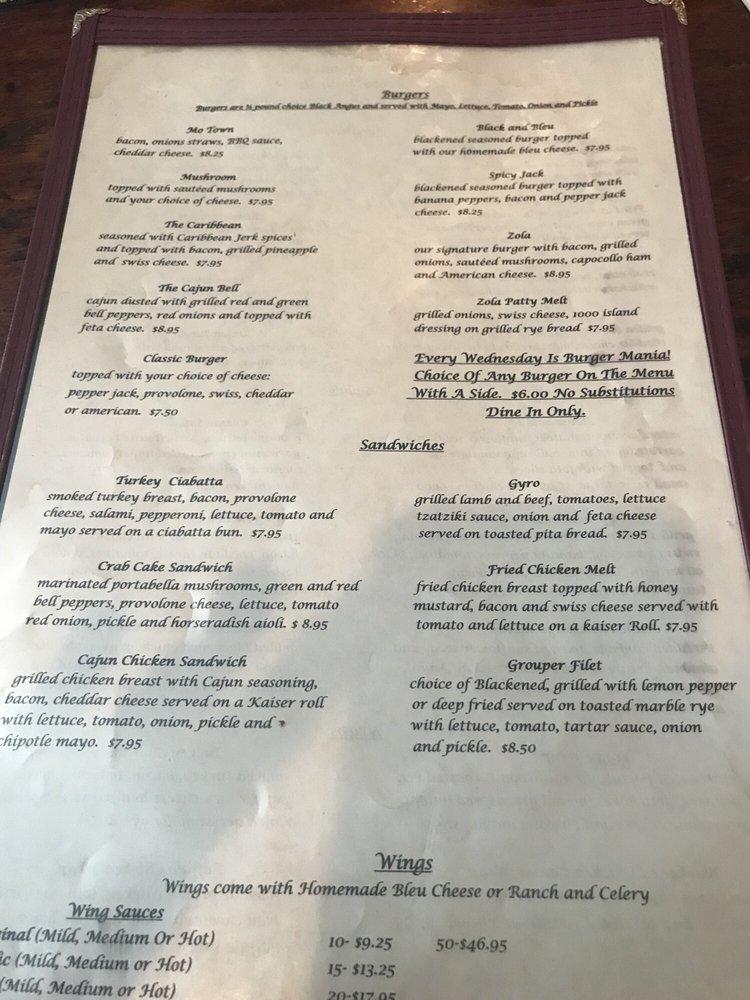 Menu at Zola Pub and Grill, Covington