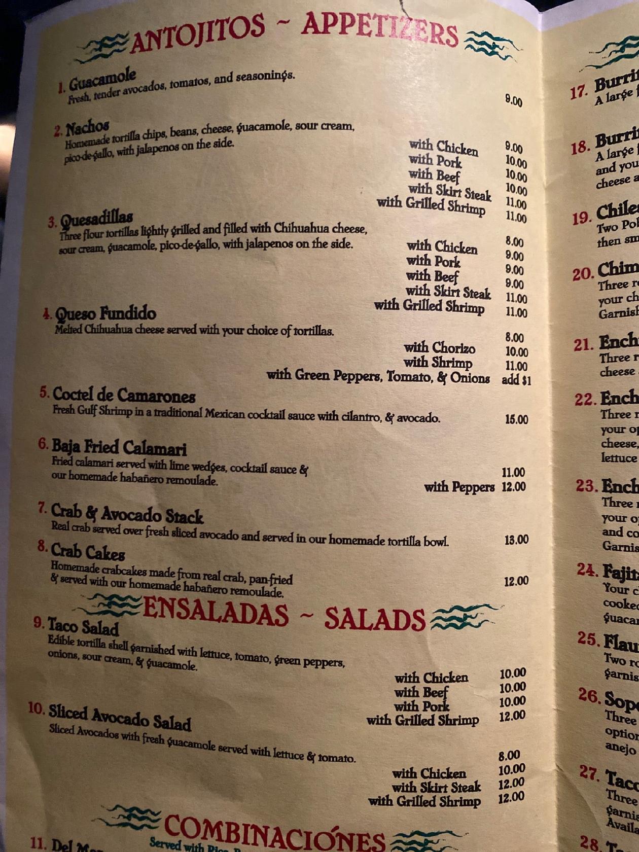 Menu at Casa Del Mar Mexican Bar & Grill, Munster