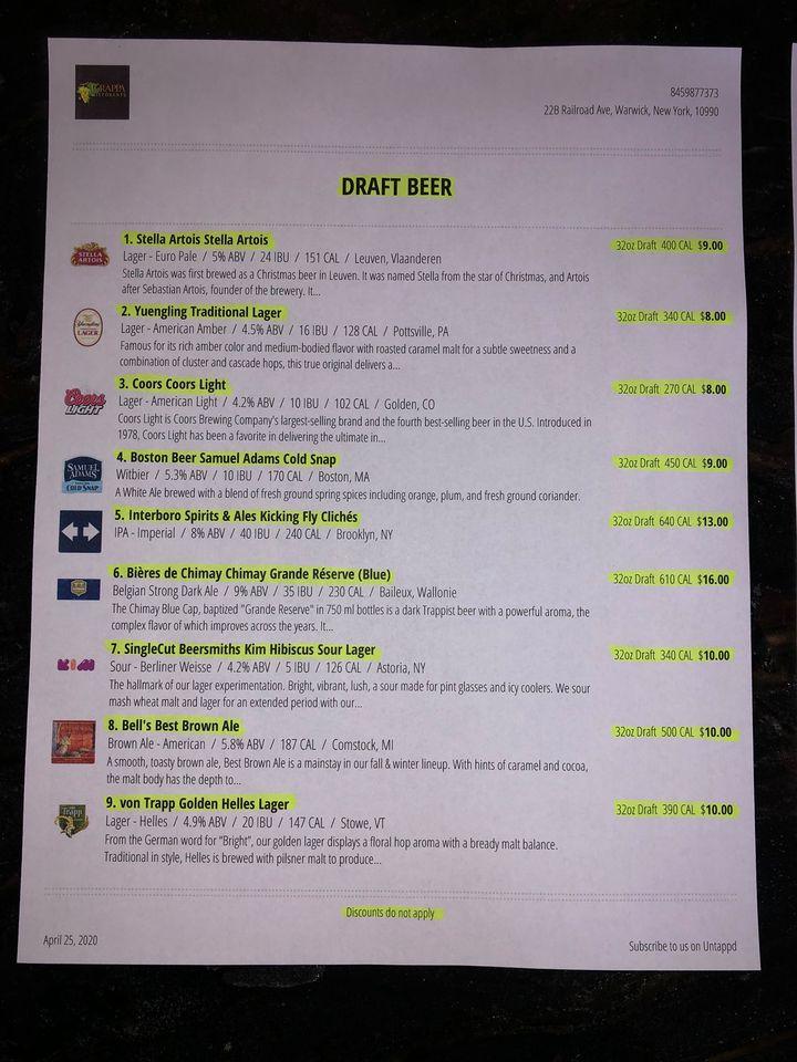 Menu at Grappa Ristorante restaurant, Warwick