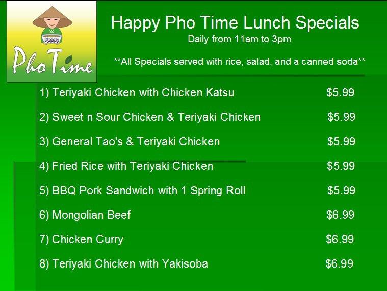 Menu at Happy Pho Time restaurant, Bonney Lake