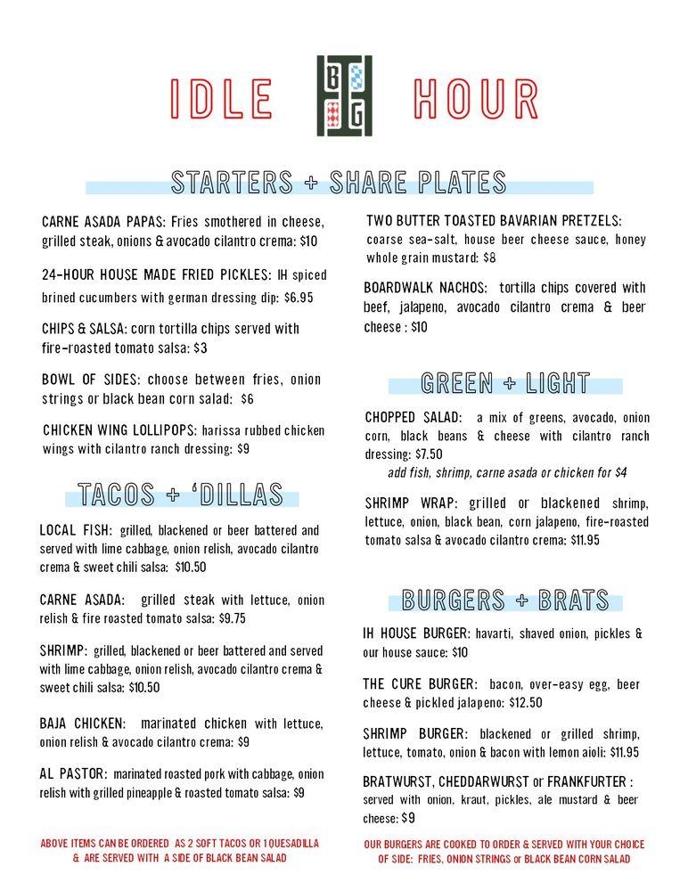 Carta del pub y bar Idle Hour Biergarten, Atlantic Beach