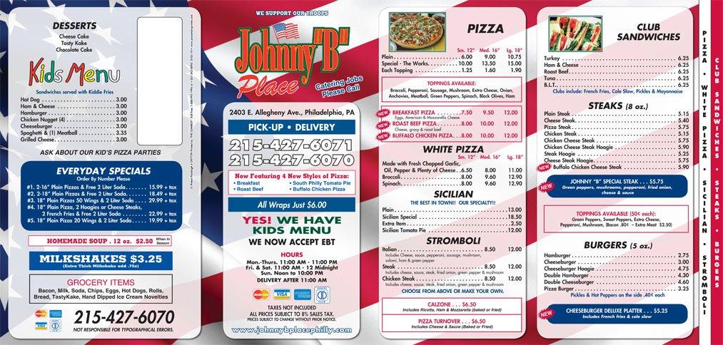 Menu at Johnny B's All American Pizza restaurant, Philadelphia