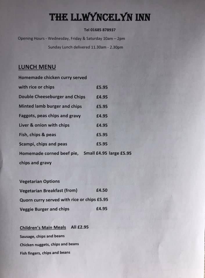 Menu at The Llwyncelyn Inn pub & bar, Aberdare