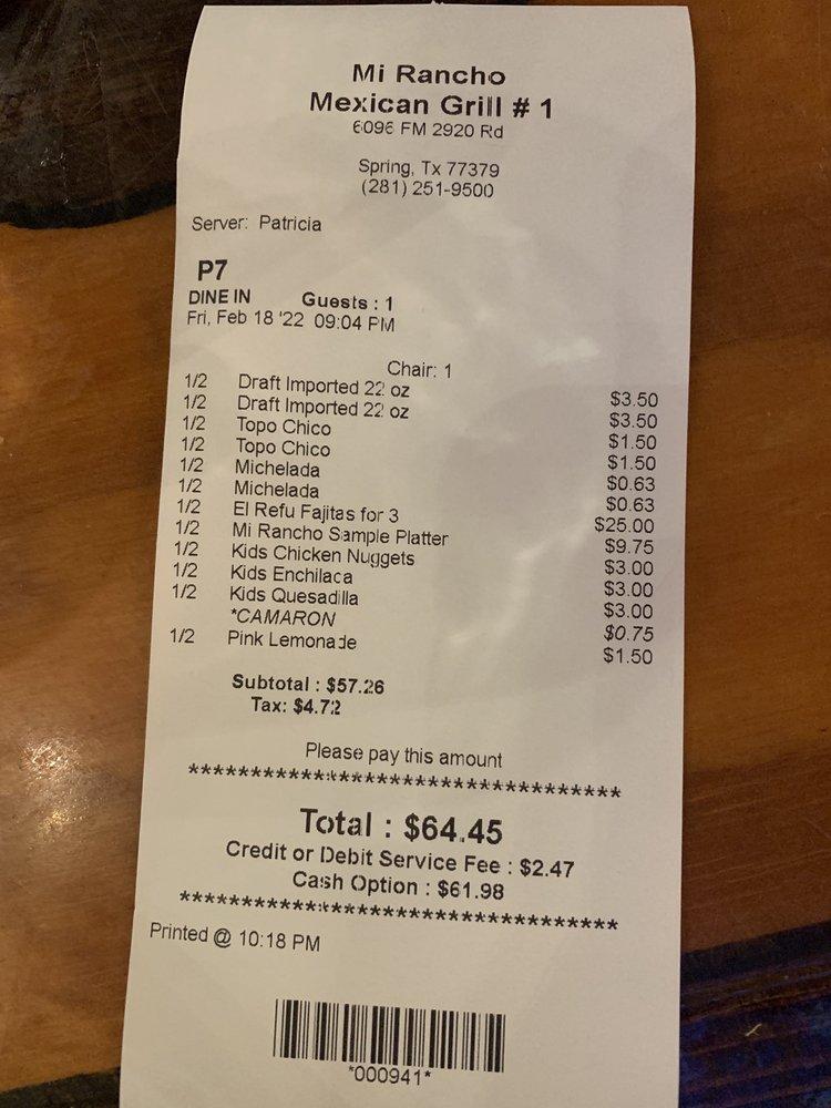 Menu at Mi Rancho Spring restaurant, The Woodlands, Farm to Market 2920