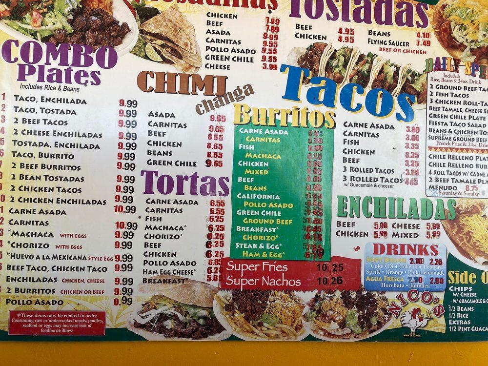 Carta del restaurante Nico's Mexican Food, Arizona City, Sunland Gin Rd