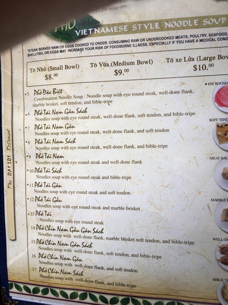 Menu at Pho Dai Loi restaurant, Forest Park, Jonesboro Rd