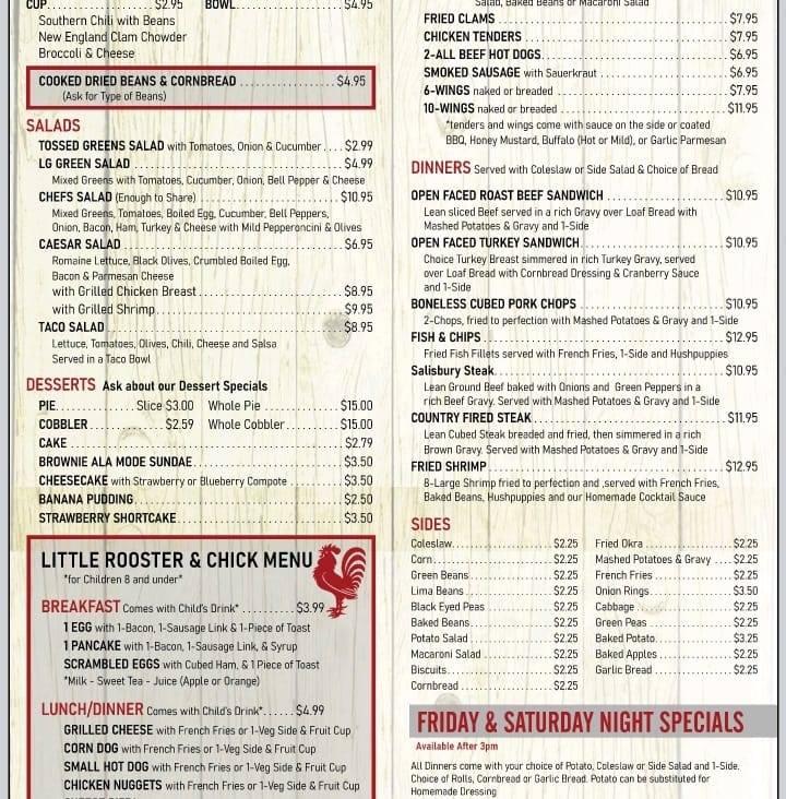 Carta de Red Rooster Cafe, Clendenin