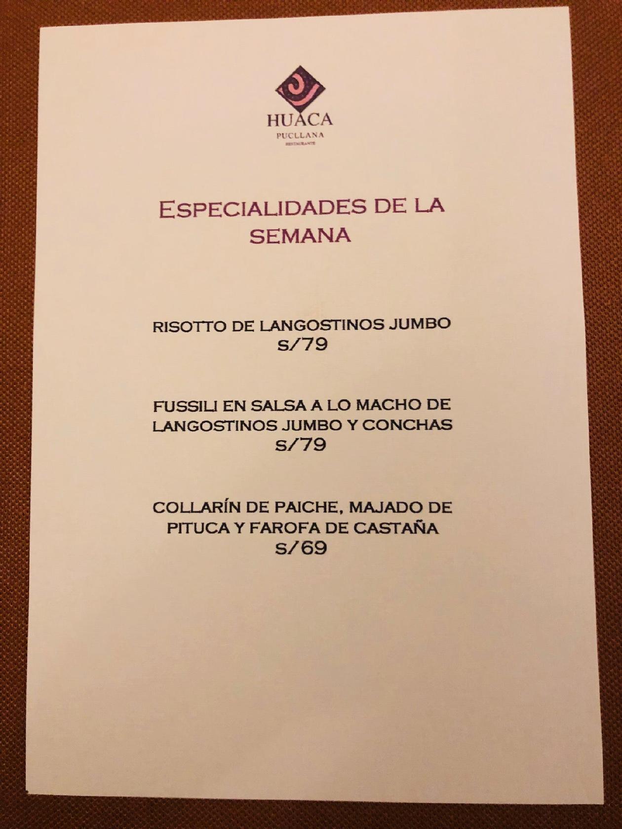 Carta de Restaurant Huaca Pucllana, Lima