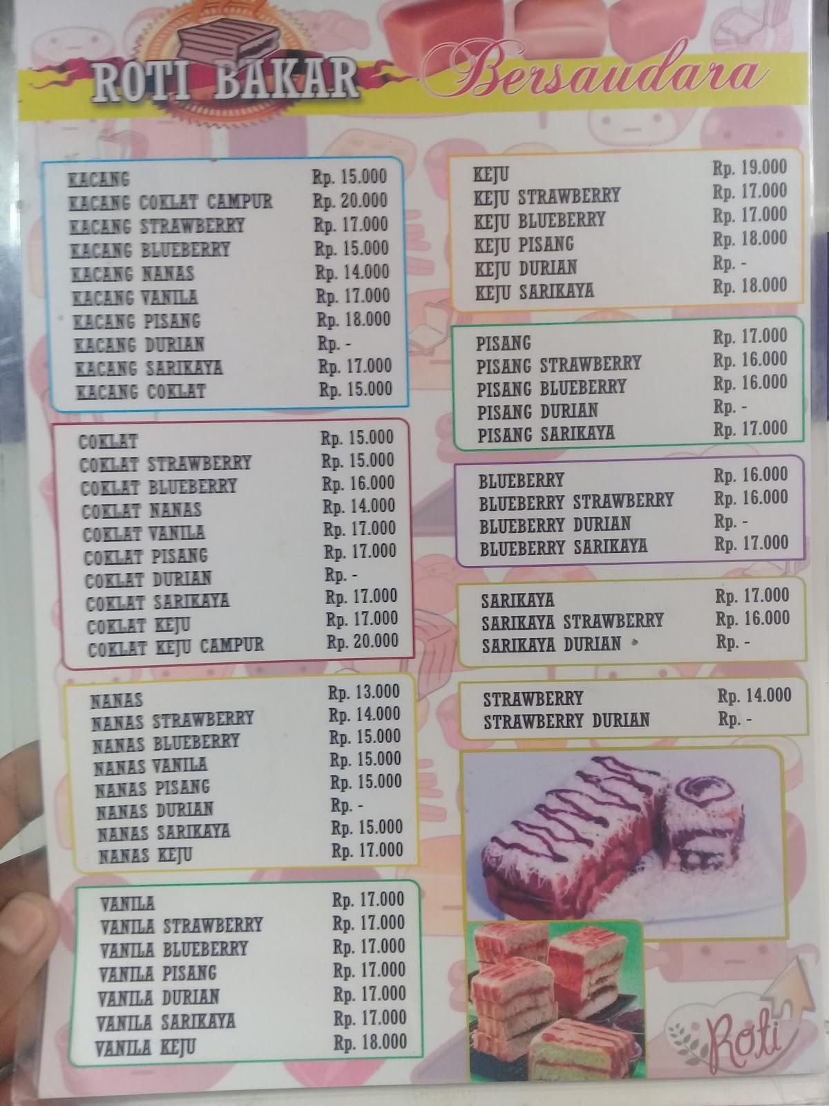Menu at Roti Bakar Bandung restaurant, Padang Panjang