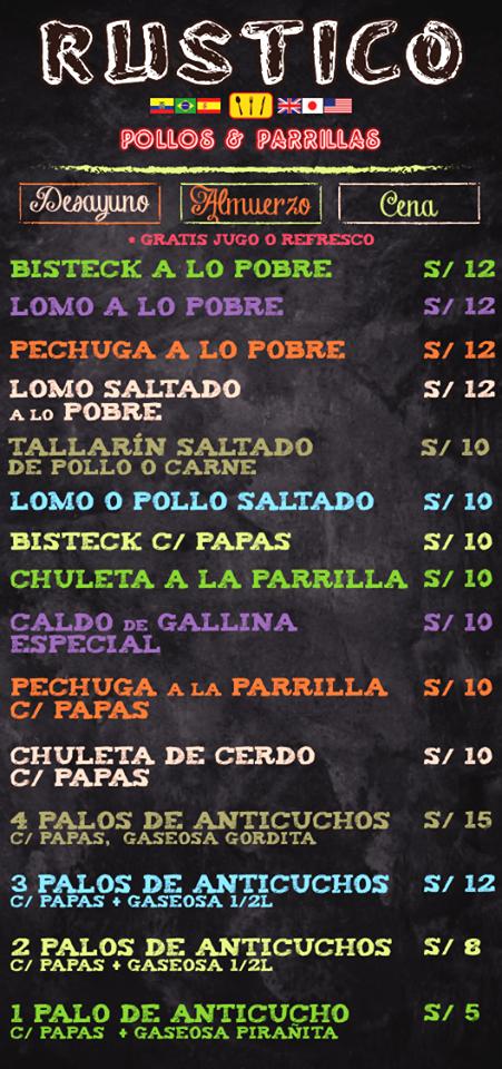 Menu at Rustico restaurant, Lima, Cuadra 15 de Libertad
