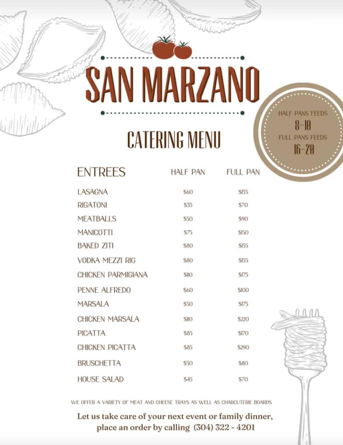 Menu at San Marzano desserts, Morgantown