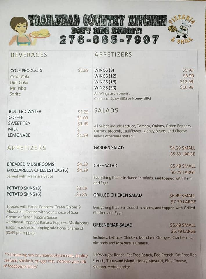 Menu at Trailhead Country Kitchen restaurant, Haysi, Dickenson Hwy