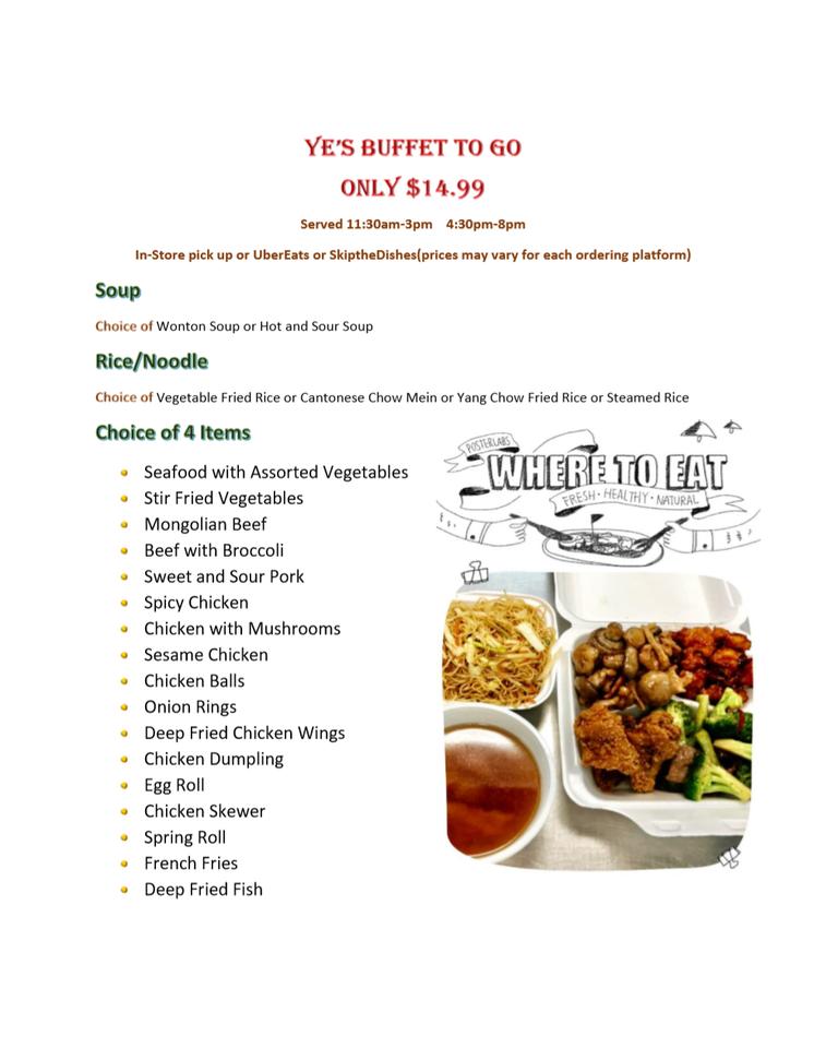 Menu at YES Buffet restaurant, Winnipeg