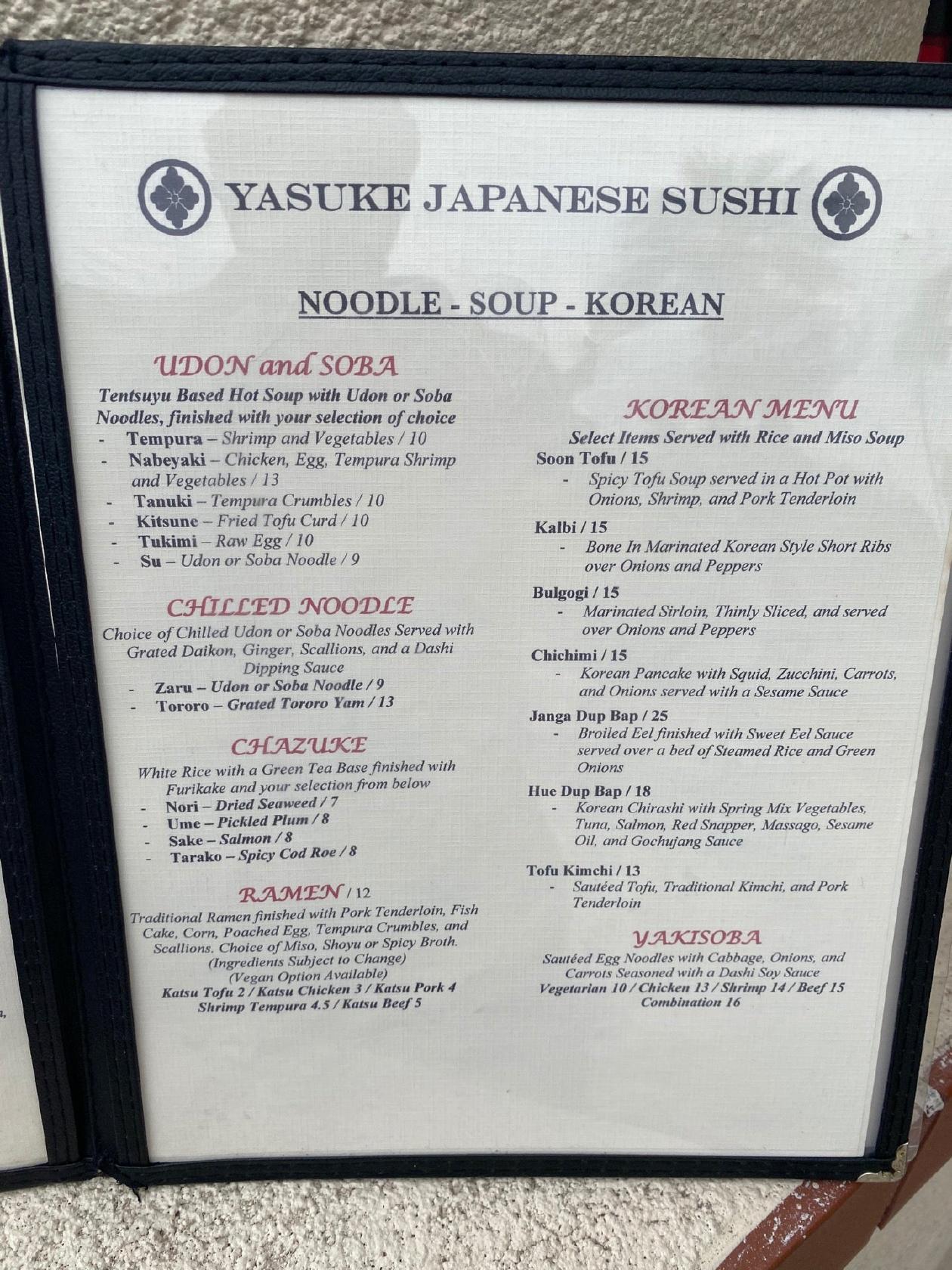 Menu at Yasuke Japanese Sushi restaurant, McAllen
