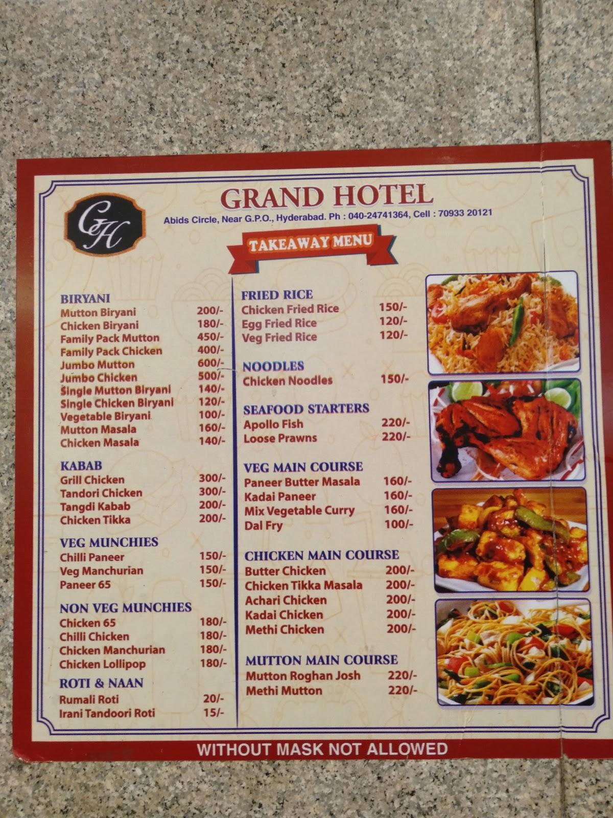 Menu at Grand Hotel, Hyderabad, 4-1-395