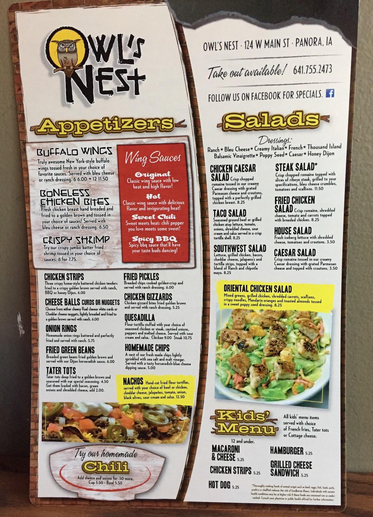 Menu at Owl's Nest pub & bar, Panora