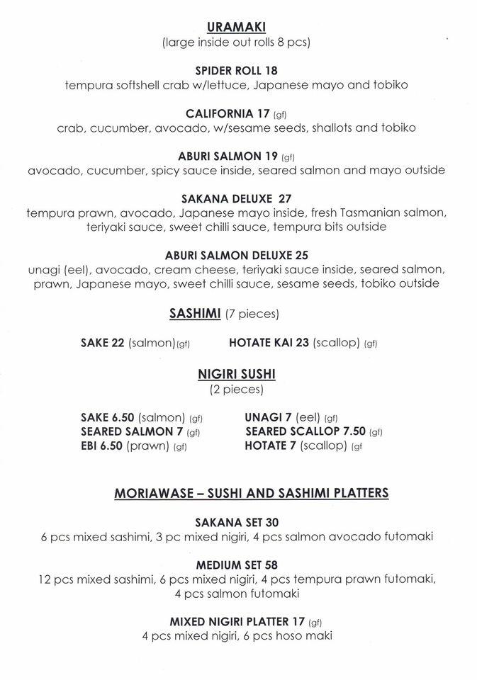 Menu at Sakana Modern Asian restaurant, Townsville