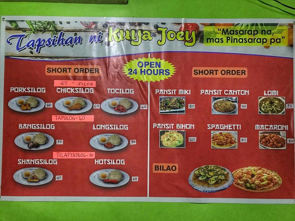 Menu at Tapsihan ni Kuya Joey restaurant, Nasugbu