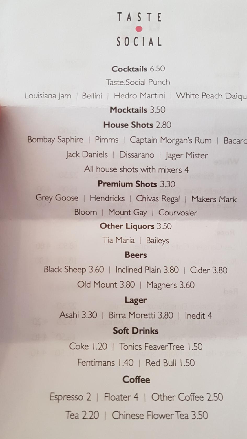 Menu at Taste Social restaurant, Market Harborough