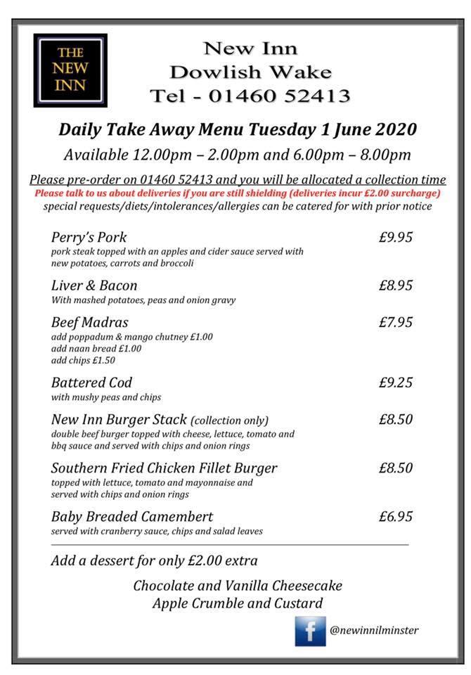 Menu at The New Inn pub & bar, Ilminster