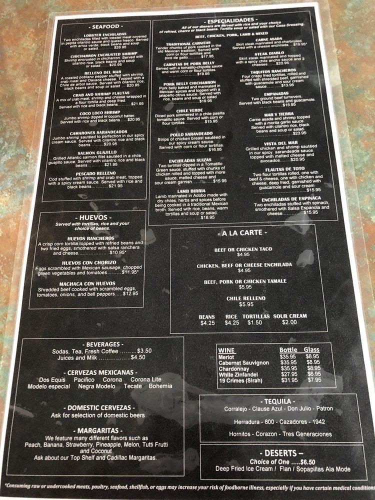 Menu at Toto's Mexican Restaurant, Boulder City