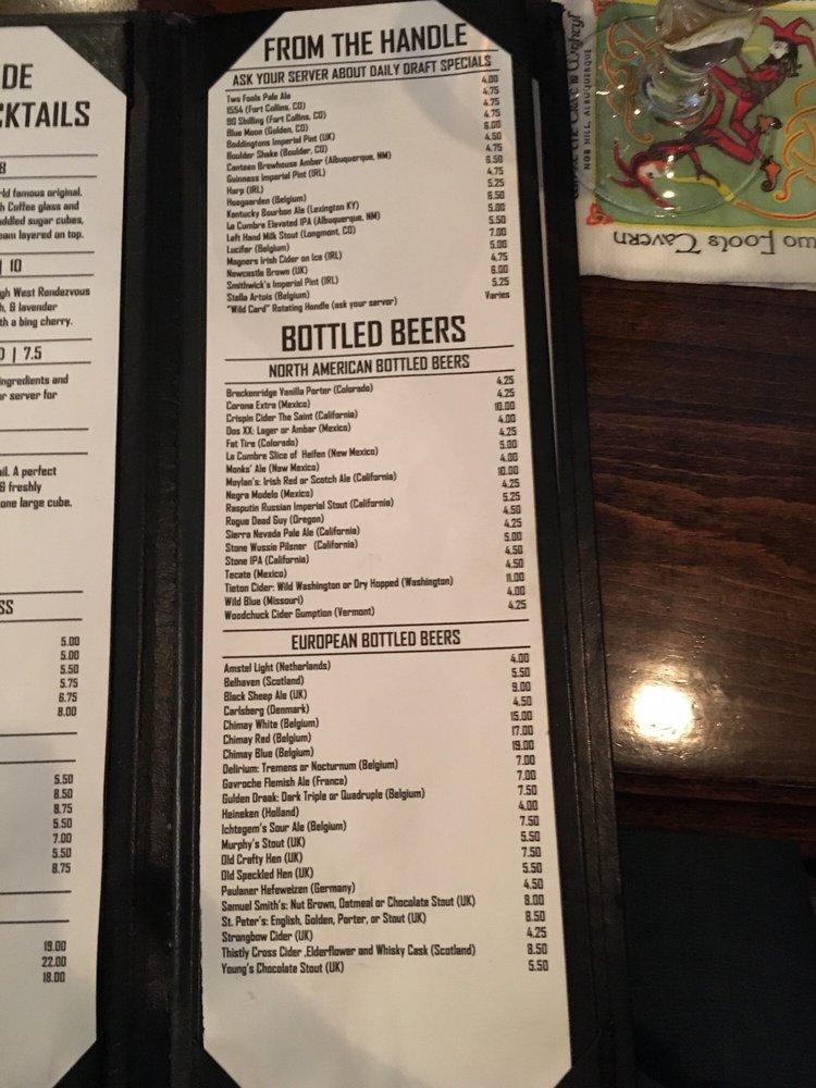 Menu at Two Fools Tavern pub & bar, Albuquerque