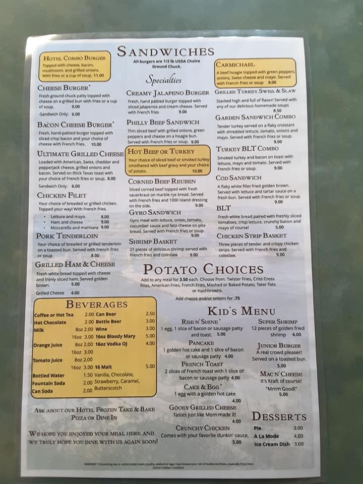 Carta del restaurante riverview hotel, Bellevue