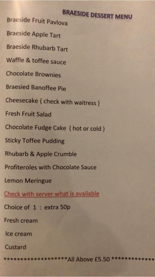 Menu at Braeside Bar & Restaurant, England