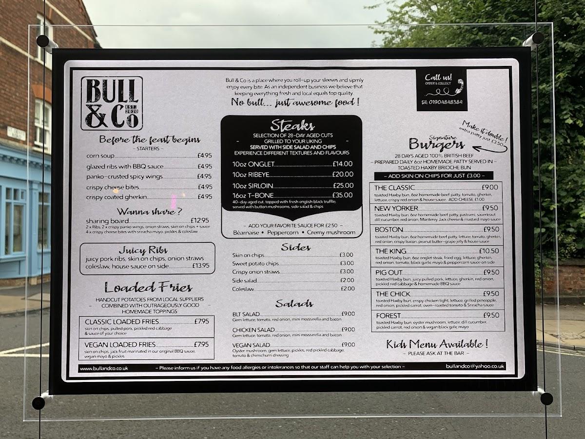 Menu at Bull & Co restaurant, York