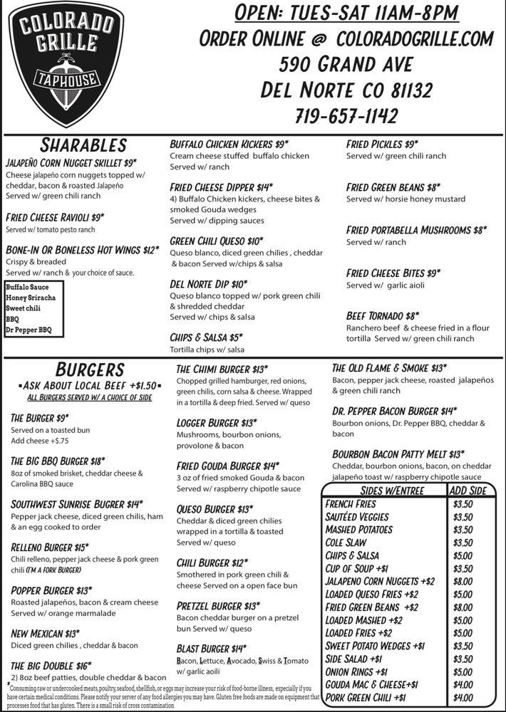 Carta del pub y bar Colorado Grille & Tap House, Del Norte, 590 Grand Ave