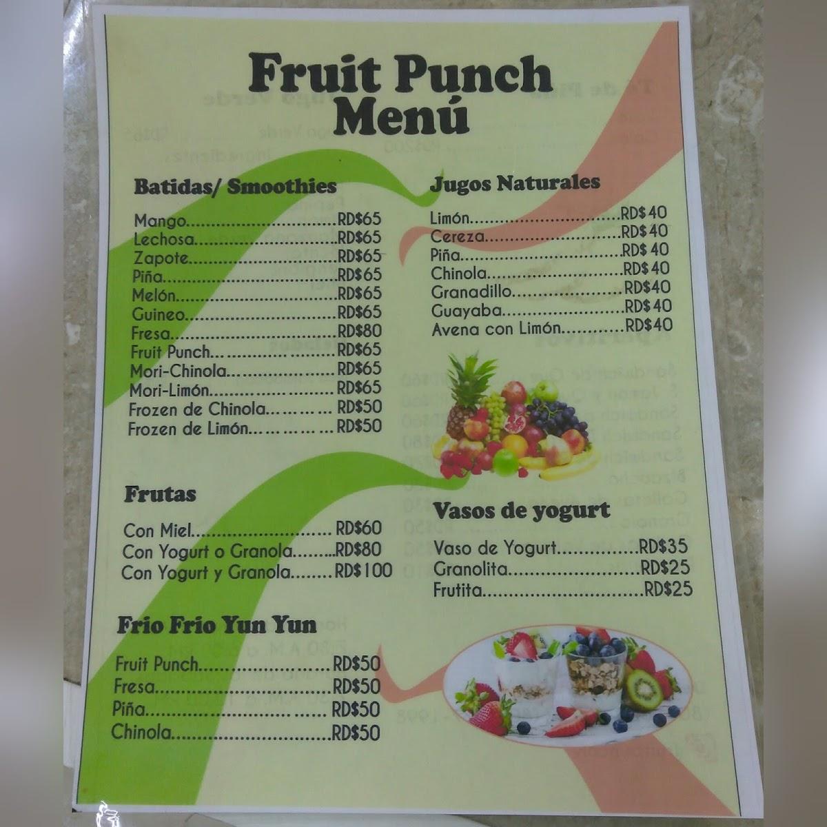 Menu at Fruit Punch cafe, La Vega, Av. García Godoy 100