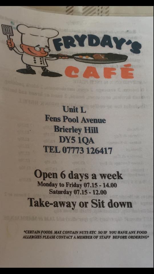 Menu at Fryday's Cafe, Brierley Hill, Unit L