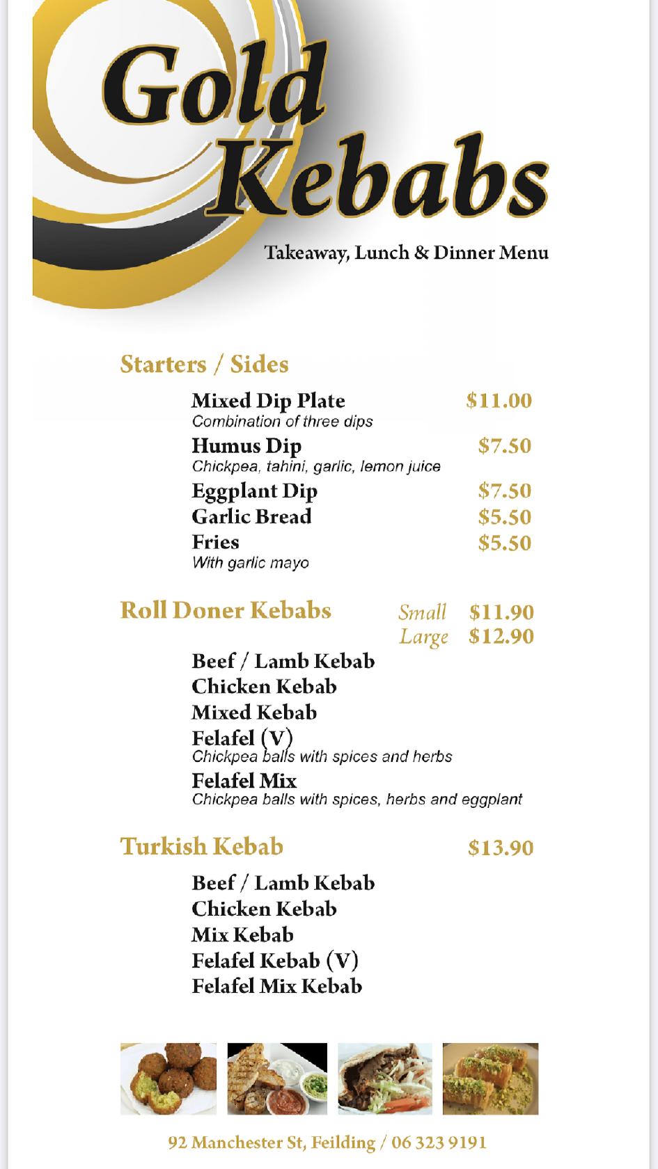 Menu at Gold Kebabs restaurant, Feilding
