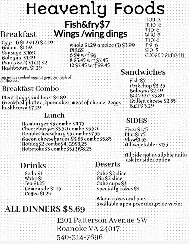 Menu at Heavenly Foods restaurant, Roanoke