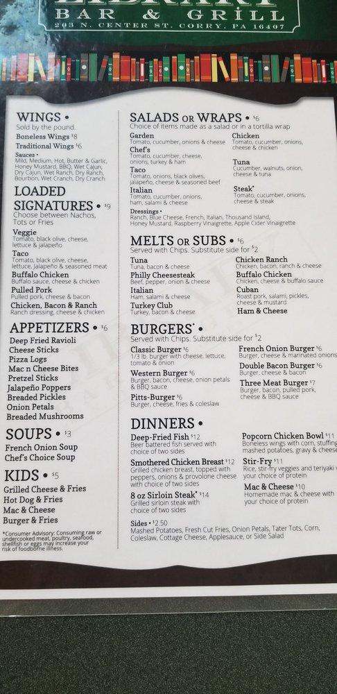 Menu at Library Bar & Grill, Corry