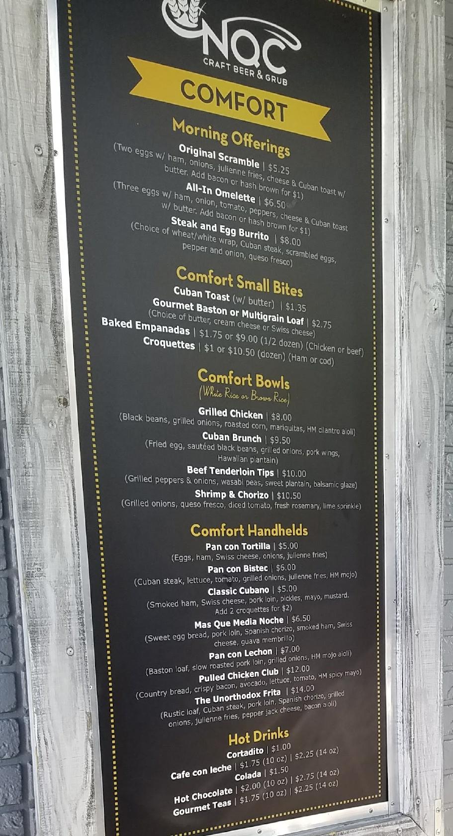 Menu at NQC Miami (DRIVE THRU) pub & bar, Miami Lakes