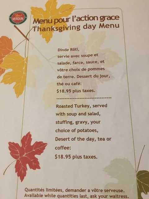 Menu au Nouveau Verdun restaurant, Montréal