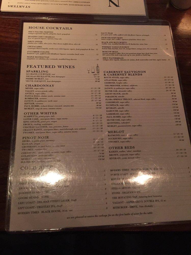 Menu at Nick's San Clemente steakhouse, San Clemente