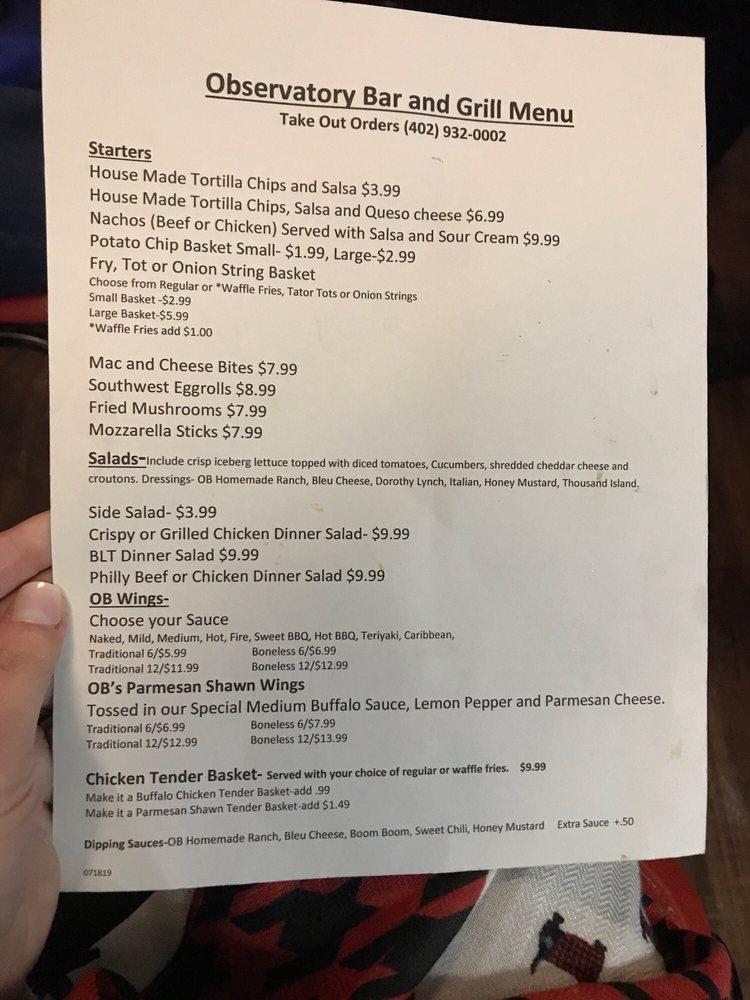 Menu at Observatory Bar And Grill, Omaha, W Center Rd