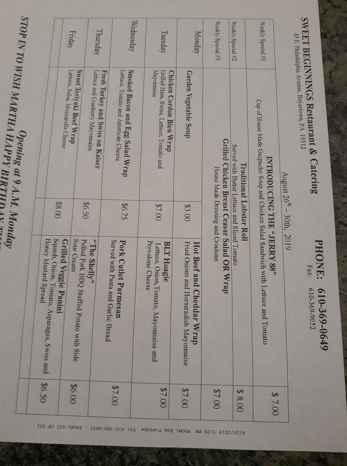 Menu at Sweet Beginnings restaurant, Boyertown