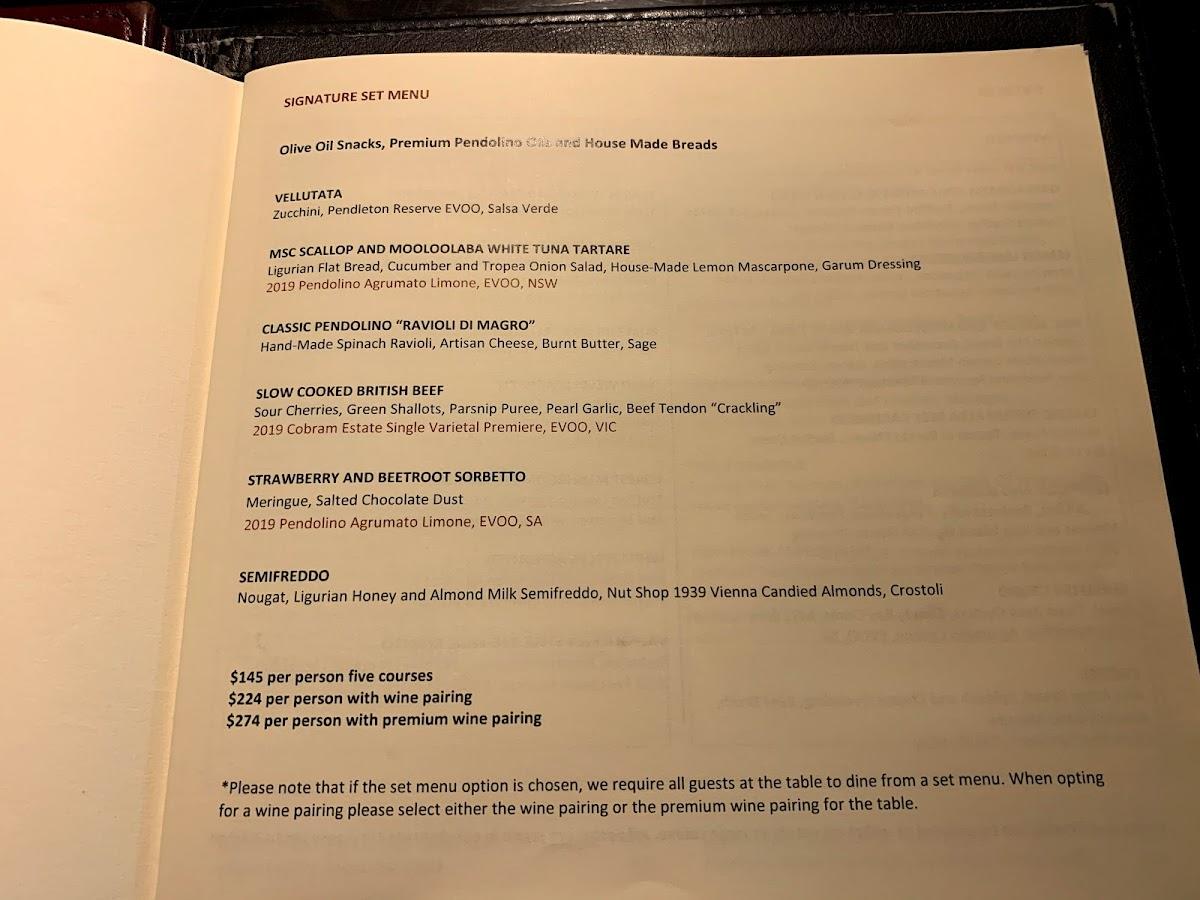Menu at The Restaurant Pendolino, Sydney