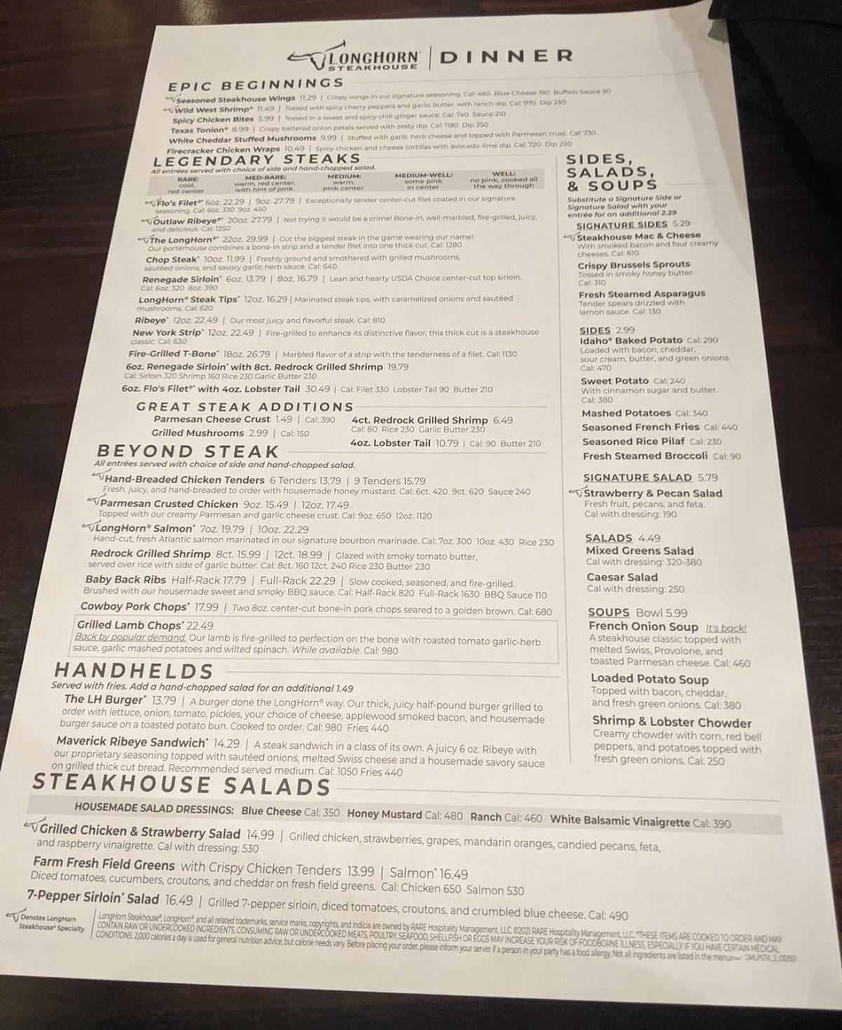 Menu at LongHorn Steakhouse, West Springfield