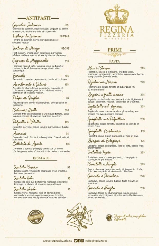 Carta de Regina Pizzeria, Brossard
