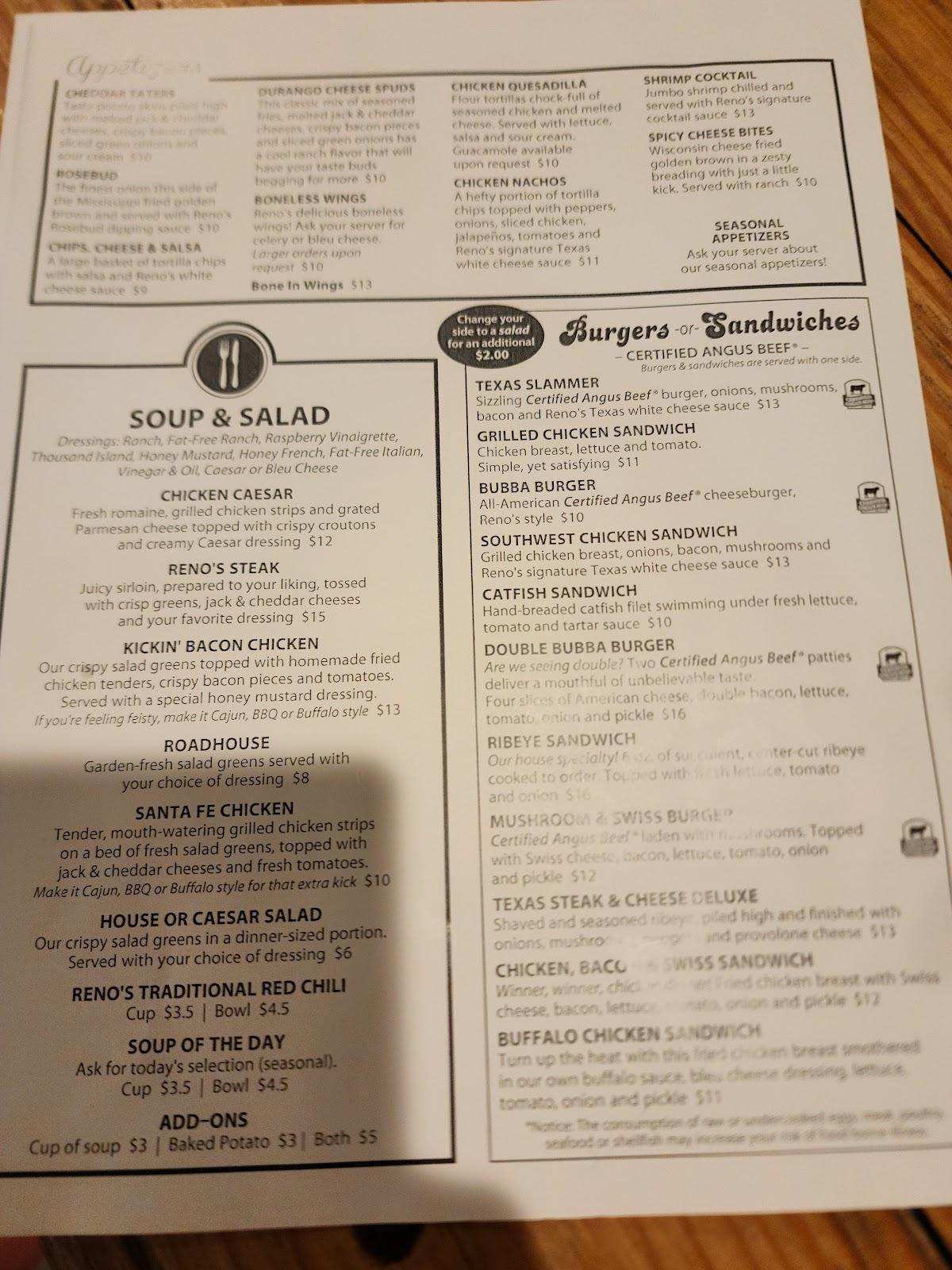 Menu at Reno's of Wise pub & bar, Wise