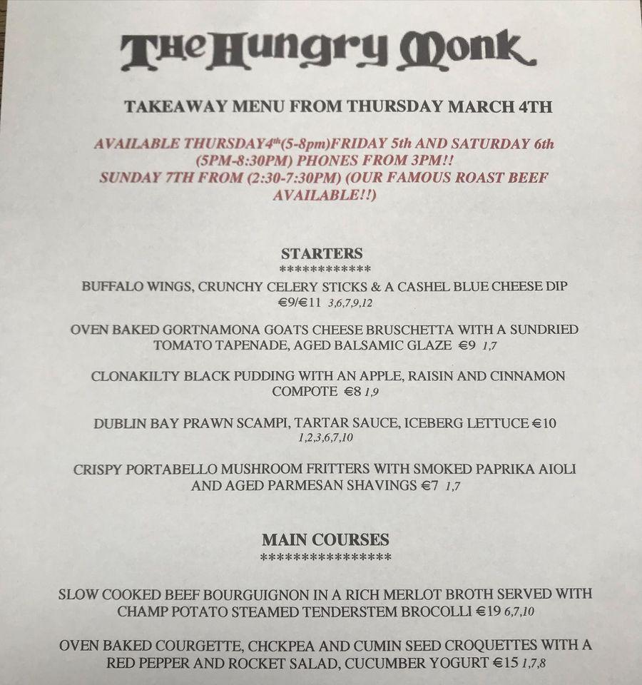Menu at The Hungry Monk restaurant, Greystones