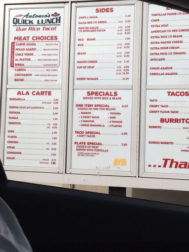 Menu at Antonio's Quick Lunch restaurant, Yuba City, 716 Colusa Ave
