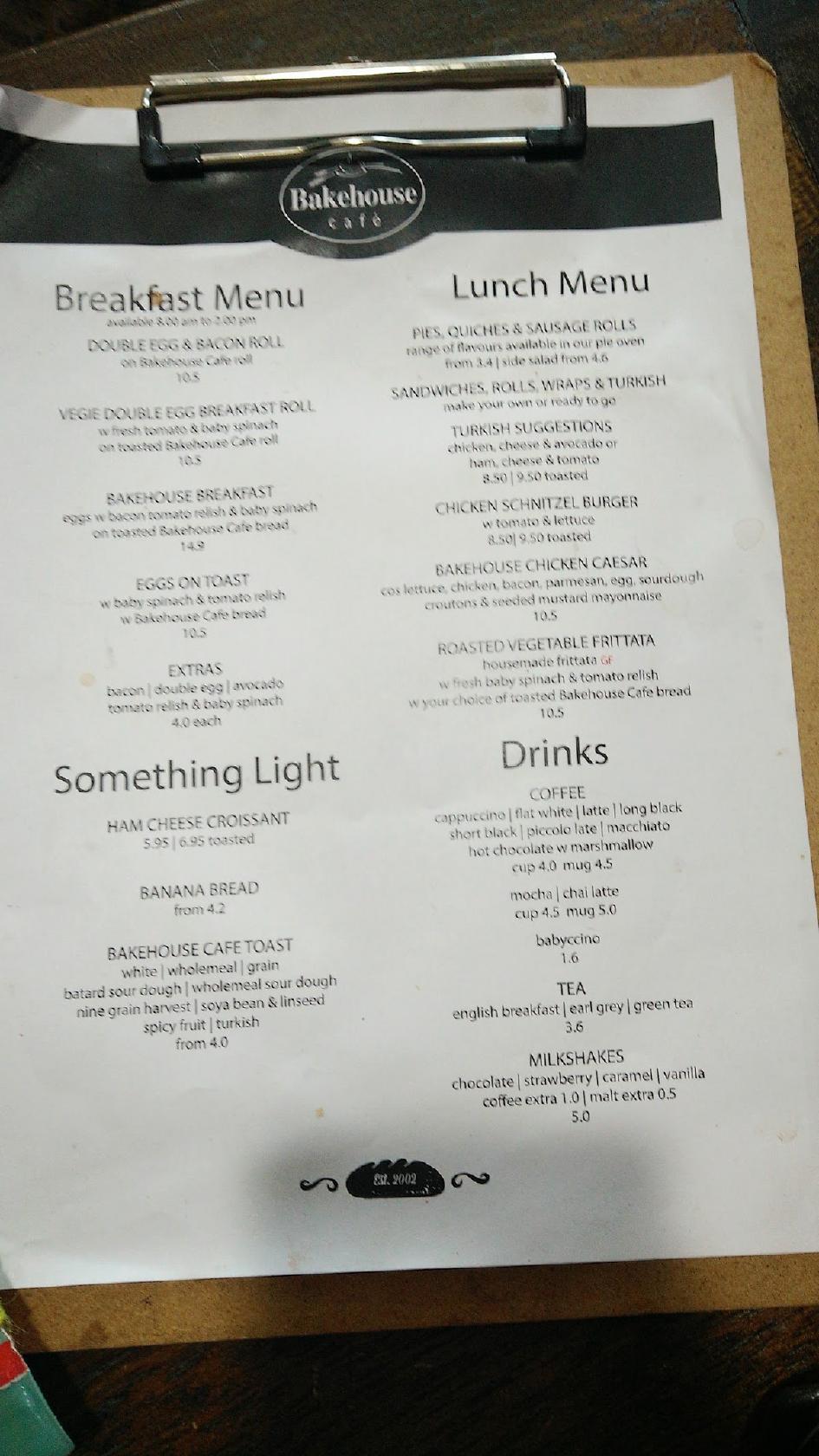 Menu at Bakehouse Cafe (Barralong Rd, Erina), Erina