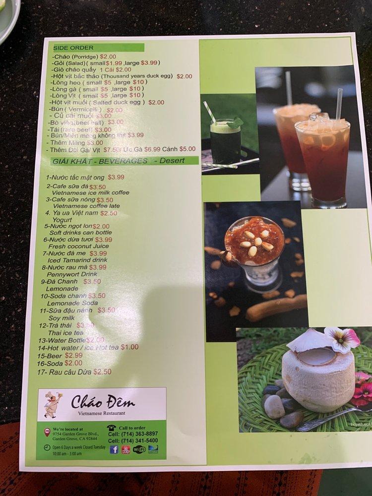 Menu at Cháo Đêm restaurant, Garden Grove